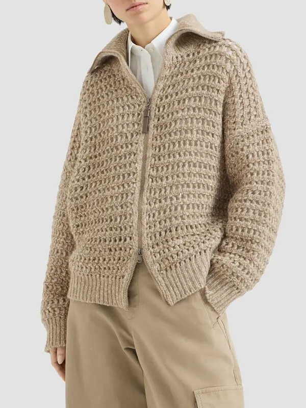 Brunello Cucinelli Dazzling Soft Virgin Wool And Cashmere Net Cardigan - Light Beige