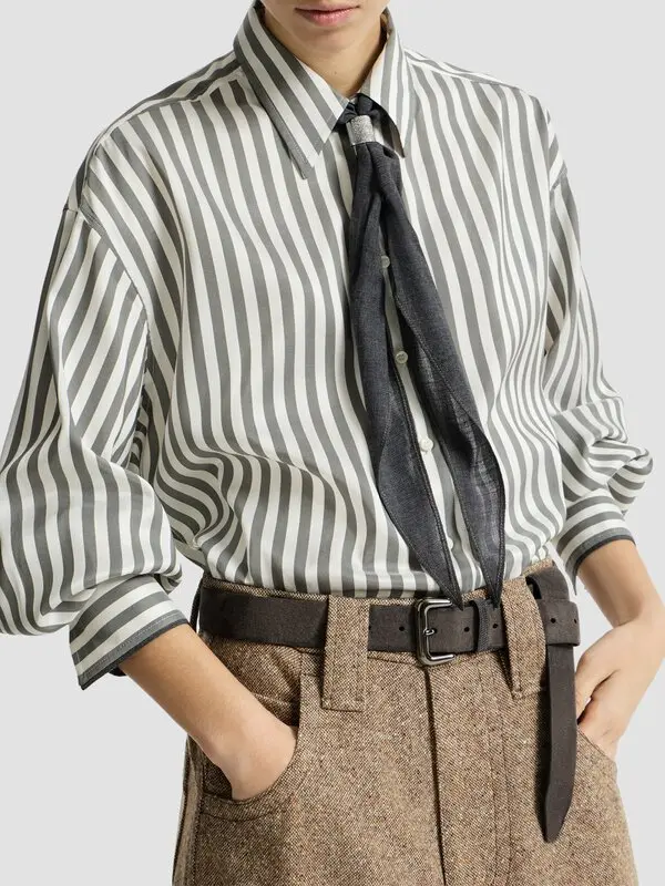 Brunello Cucinelli Striped Silk Poplin Shirt With Virgin Wool Foulard
