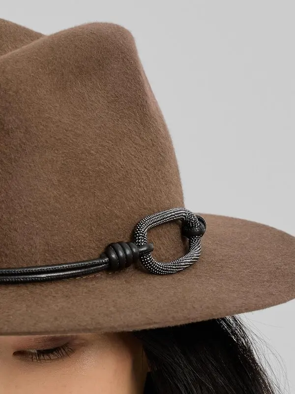 Brunello Cucinelli Felt Fedora With Leather And Monili Band - Brown