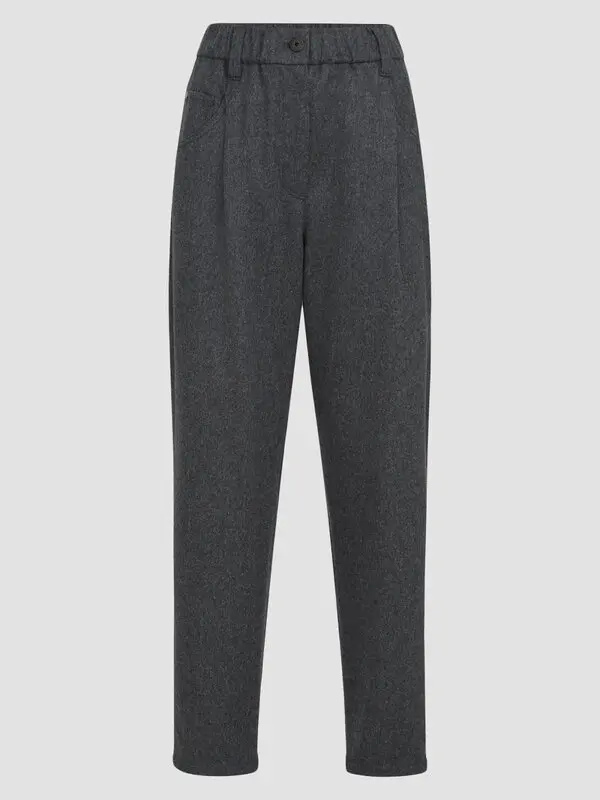 Brunello Cucinelli Wool Flannel Baggy Trousers With Monili - Anthracite