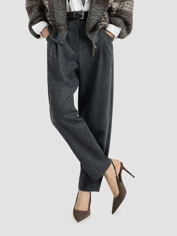 Brunello Cucinelli Wool Flannel Baggy Trousers With Monili - Anthracite