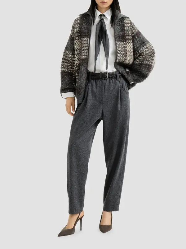 Brunello Cucinelli Wool Flannel Baggy Trousers With Monili - Anthracite
