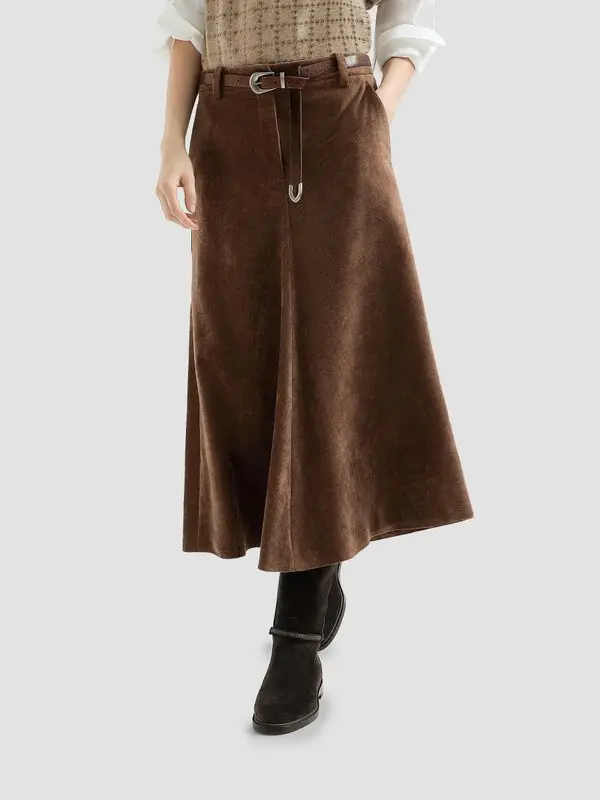 Brunello Cucinelli Fluid Corduroy Flute Skirt With Monili