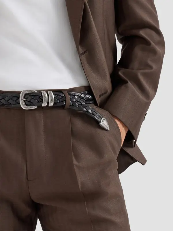 Brunello Cucinelli Braided Calfskin Belt With Detailed Buckle - Black