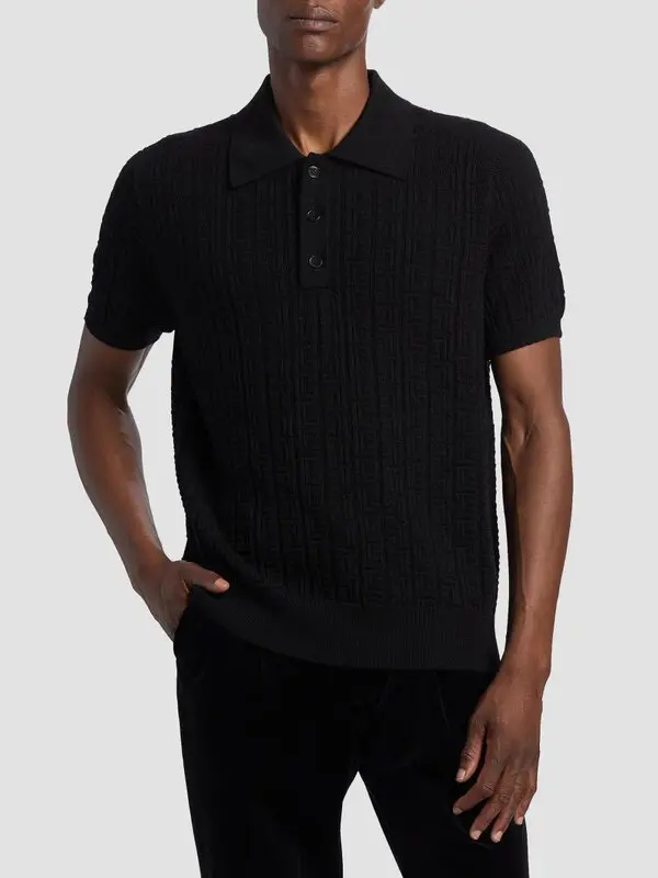 Balmain Monogram Jacquard Wool Polo Shirt