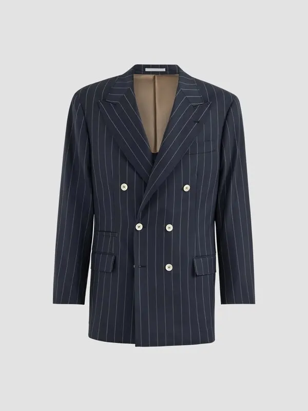 Brunello Cucinelli Virgin Wool Wide Chalk Stripe Batavia One And A Half Breasted Tailor Blazer