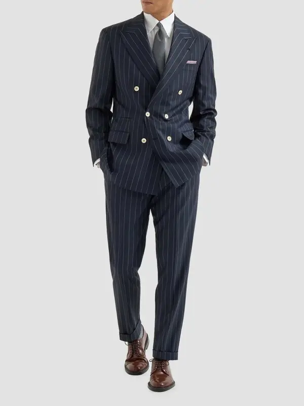 Brunello Cucinelli Virgin Wool Wide Chalk Stripe Batavia One And A Half Breasted Tailor Blazer