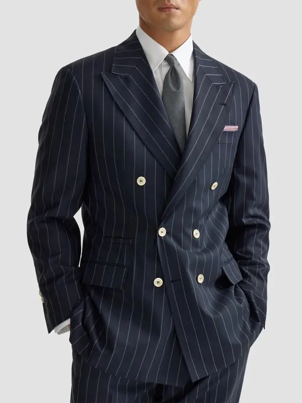 Brunello Cucinelli Virgin Wool Wide Chalk Stripe Batavia One And A Half Breasted Tailor Blazer