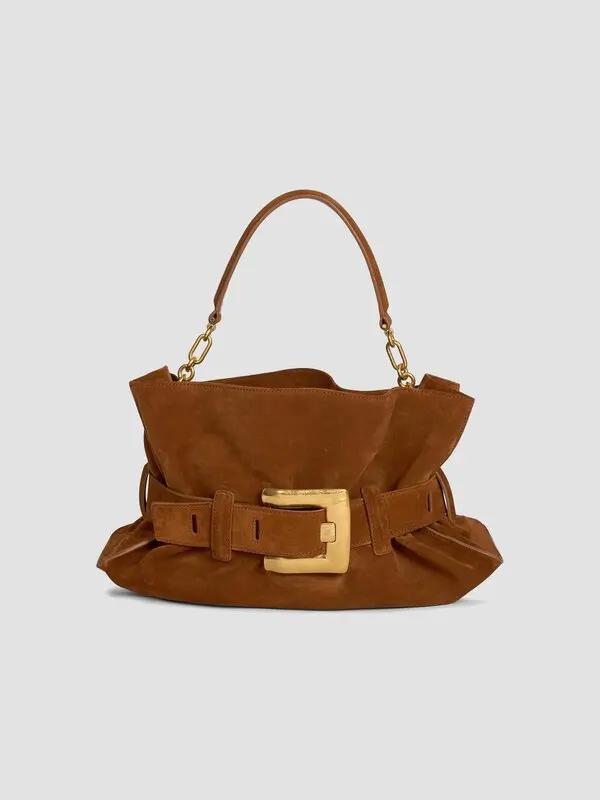 Balmain Anthem Medium Suede Shoulder Bag - Caramel