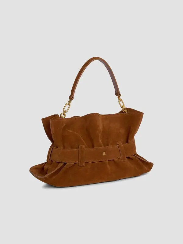 Balmain Anthem Medium Suede Shoulder Bag - Caramel