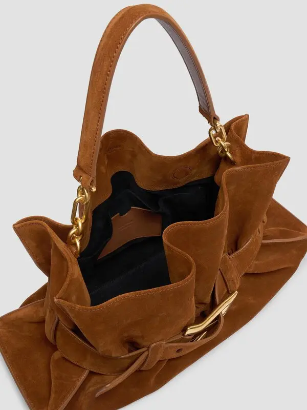 Balmain Anthem Medium Suede Shoulder Bag - Caramel