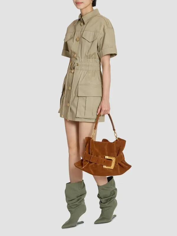 Balmain Anthem Medium Suede Shoulder Bag - Caramel