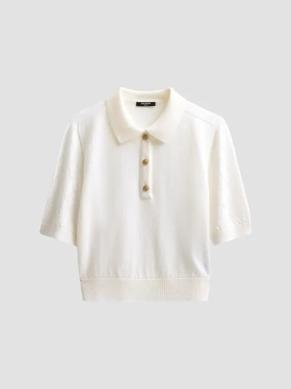 Balmain Diamond-knit-sleeve Merino Wool Polo Shirt