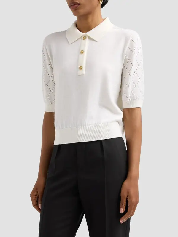 Balmain Diamond-knit-sleeve Merino Wool Polo Shirt