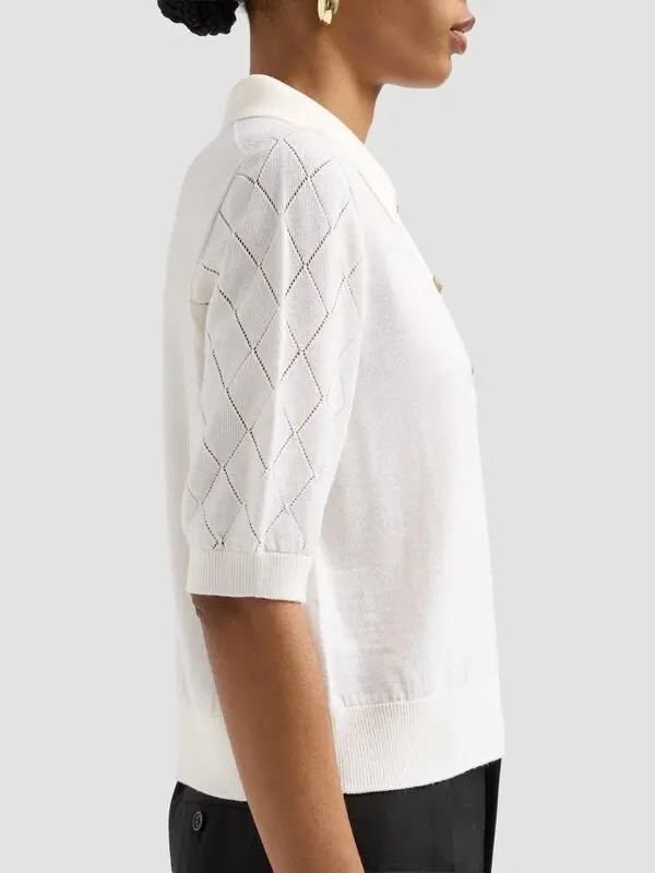 Balmain Diamond-knit-sleeve Merino Wool Polo Shirt