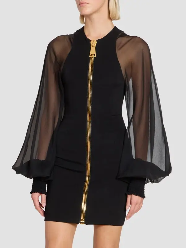 Balmain Compact Knit Chiffon-sleeve Minidress