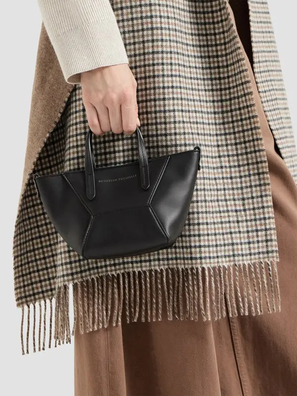 Brunello Cucinelli Duo Mini Top Handle Bag In Calfskin With Monili - Black