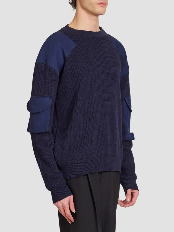 Balmain Twill Patchwork-detailed Wool Sweater - Bleu