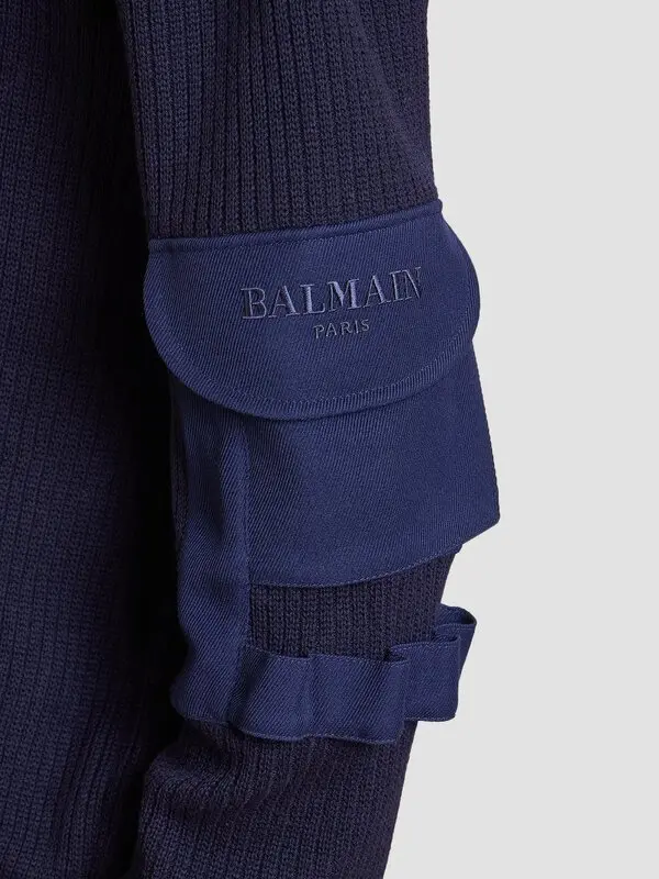 Balmain Twill Patchwork-detailed Wool Sweater - Bleu