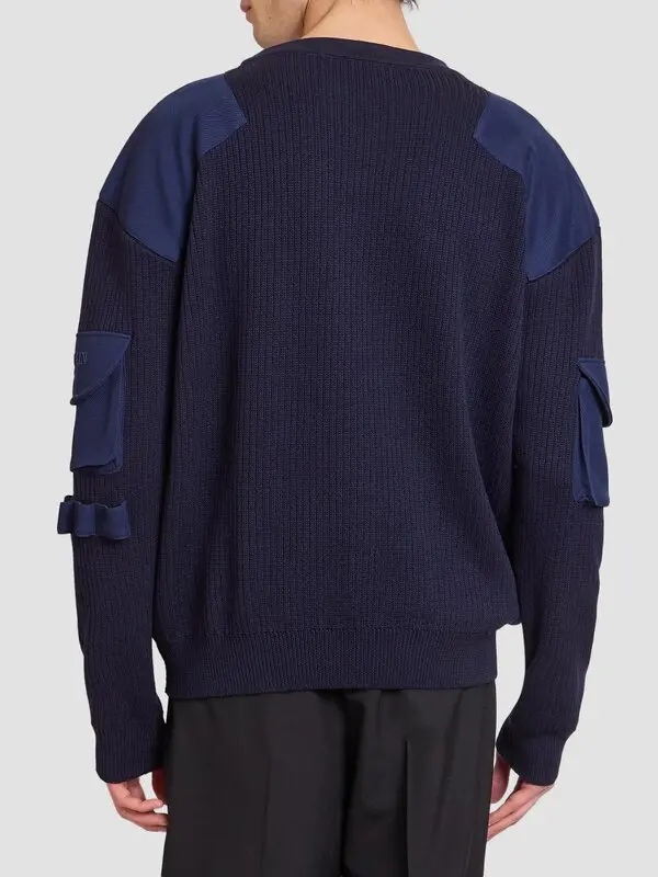 Balmain Twill Patchwork-detailed Wool Sweater - Bleu