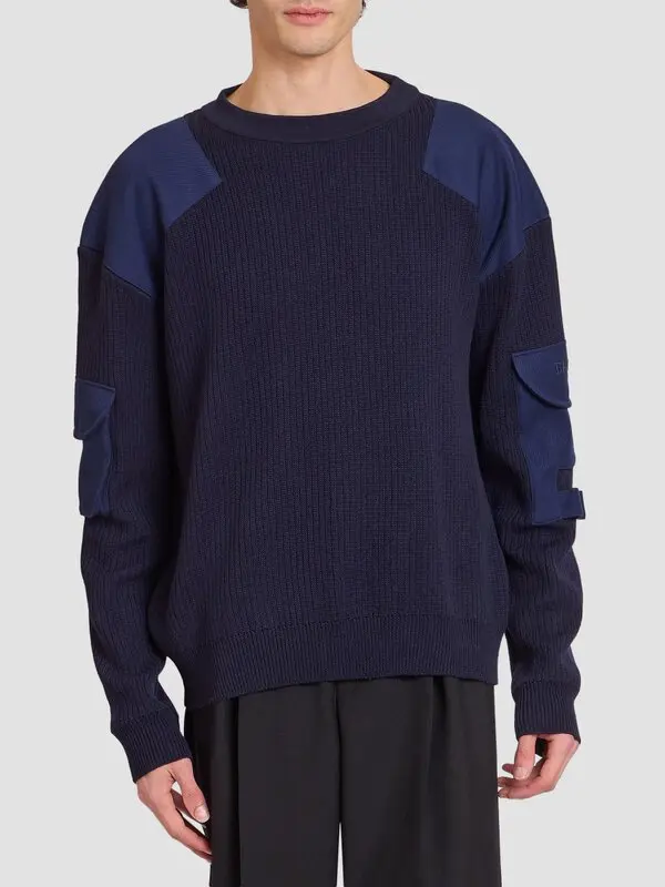 Balmain Twill Patchwork-detailed Wool Sweater - Bleu