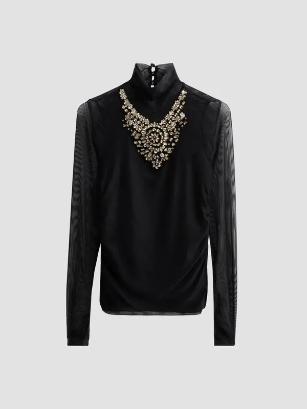 Cinq À Sept Necklace-detail Shirred Mesh Top - Black