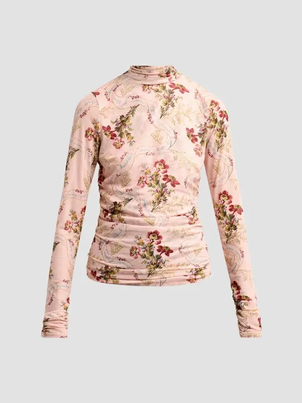Cinq À Sept Loveletter Floral Shirred Mesh Turtleneck - Soft Rose Multi