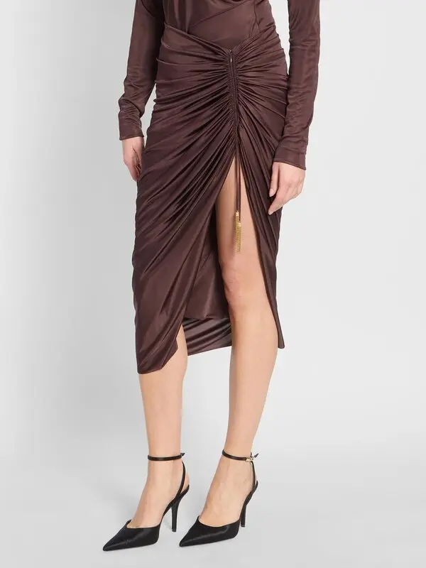 Balmain Draped Jersey Slit Midi Skirt - Brown