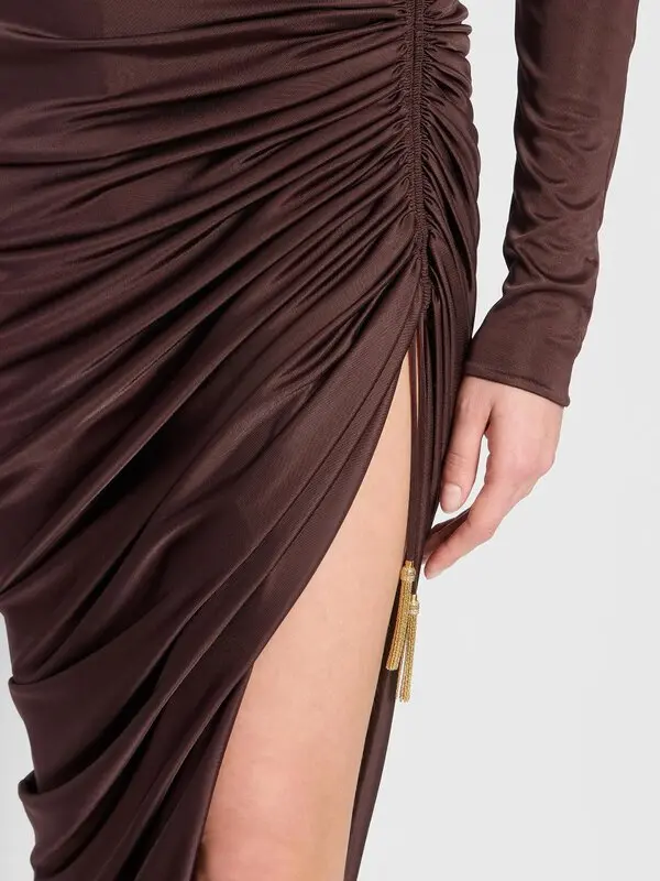 Balmain Draped Jersey Slit Midi Skirt - Brown