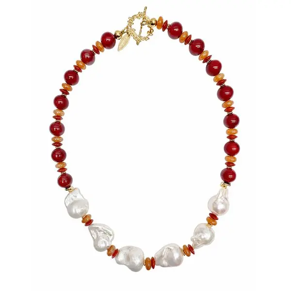 FARRA Bamboo Coral With Baroque Pearls Statement Necklace - Red