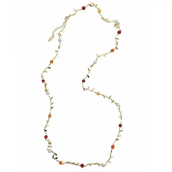 FARRA Bamboo Coral Orange Agate & Pearl Long Necklace - Red