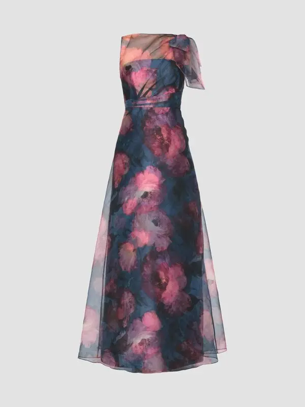 KAY UNGER Jocelyn Poppy Print Chiffon A-line Gown - Chambray Multi
