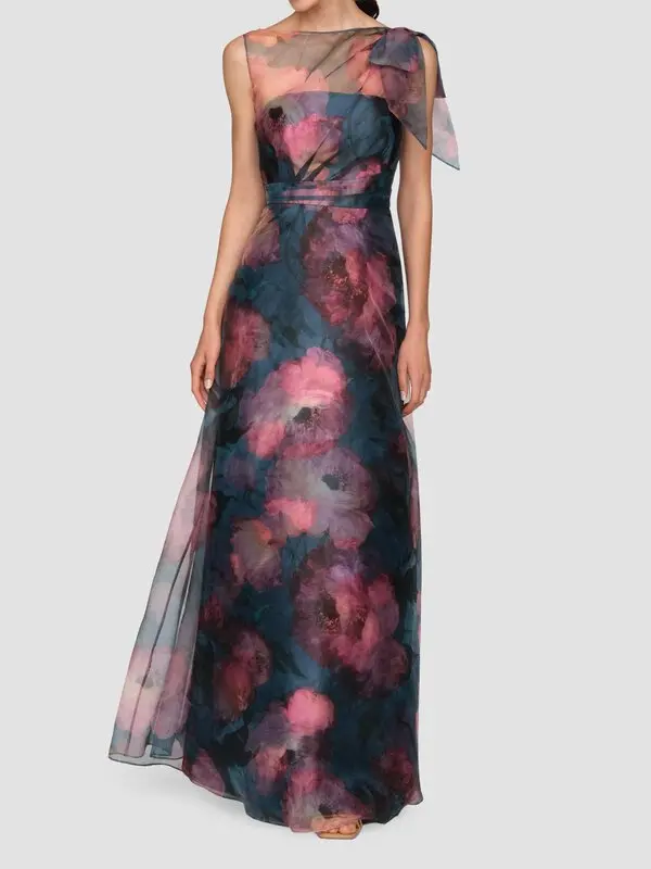 KAY UNGER Jocelyn Poppy Print Chiffon A-line Gown