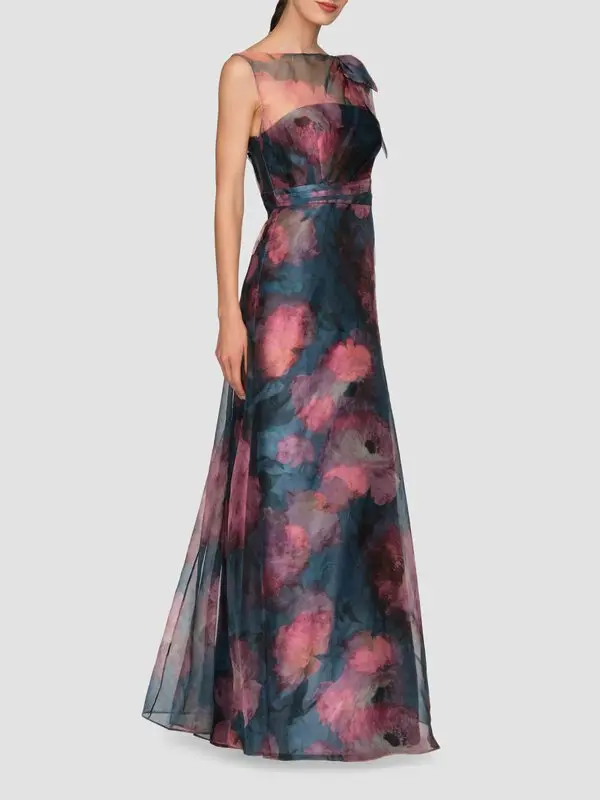 KAY UNGER Jocelyn Poppy Print Chiffon A-line Gown