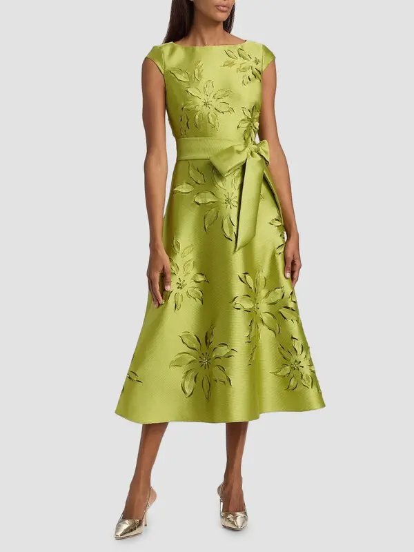 Badgley Mischka Lasercut Floral Tie Waist Midi-dress
