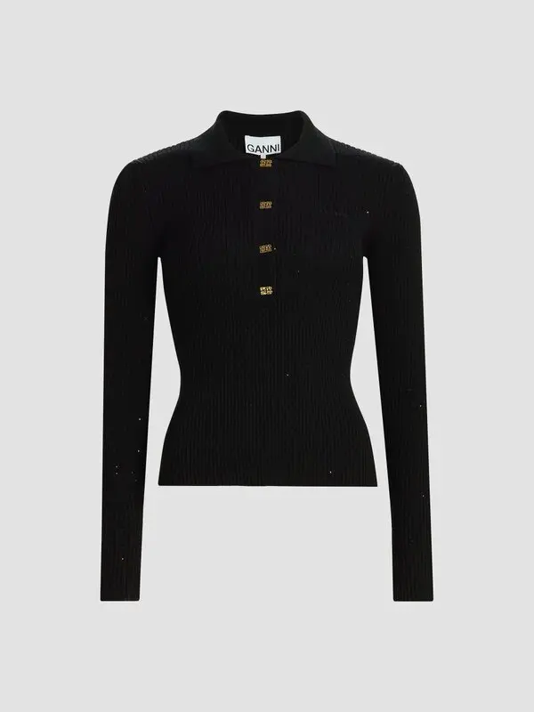 GANNI Fine Sequin Wool-blend Polo Sweater - Black