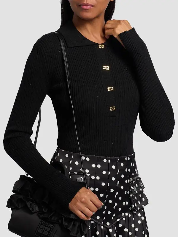 GANNI Fine Sequin Wool-blend Polo Sweater