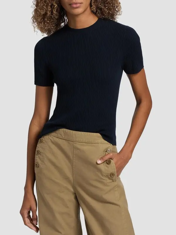 NILI LOTAN Dorset Rib-knit Cotton Short-sleeve Sweater - Dark Navy