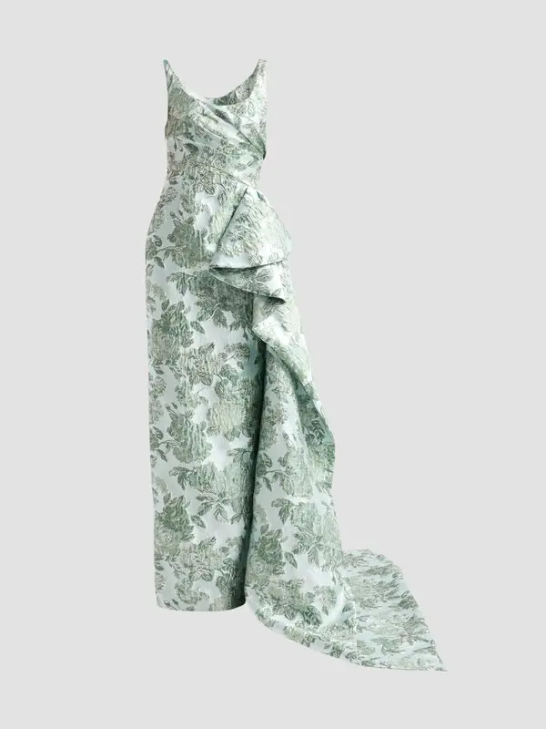 Pamella Roland Jacquard Draped Gown - Mint Multi