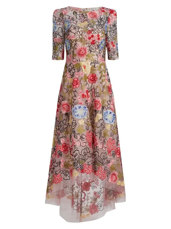 Rickie Freeman For Teri Jon Floral Embroidery Mesh High-low Midi-dress - Pink Multi