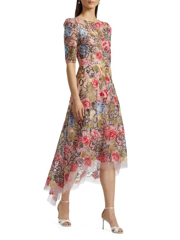Rickie Freeman For Teri Jon Floral Embroidery Mesh High-low Midi-dress