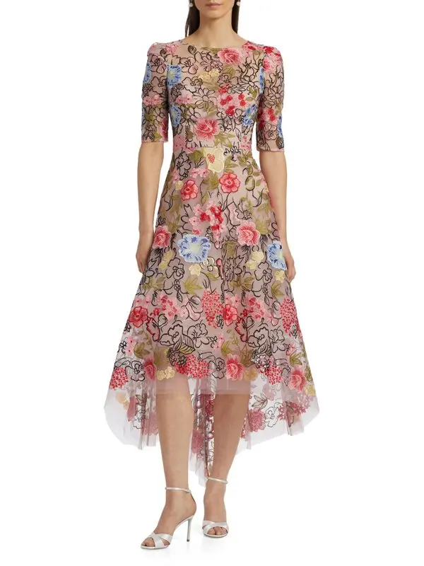 Rickie Freeman For Teri Jon Floral Embroidery Mesh High-low Midi-dress