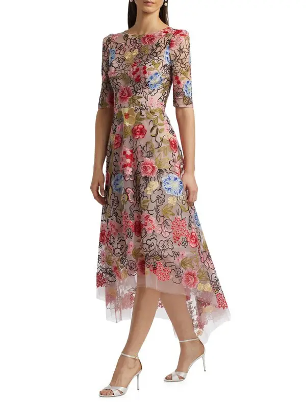 Rickie Freeman For Teri Jon Floral Embroidery Mesh High-low Midi-dress