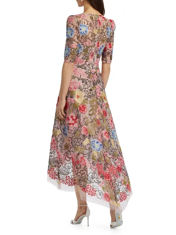 Rickie Freeman For Teri Jon Floral Embroidery Mesh High-low Midi-dress