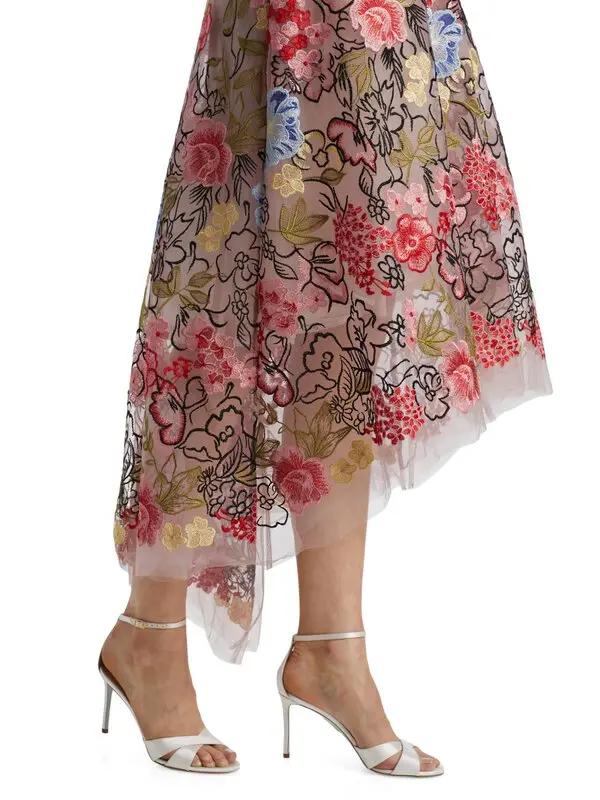 Rickie Freeman For Teri Jon Floral Embroidery Mesh High-low Midi-dress