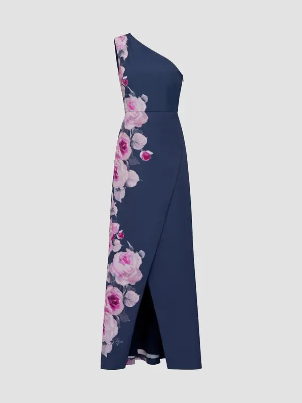 KAY UNGER Carissa Floral One-shoulder Gown - Deep Navy
