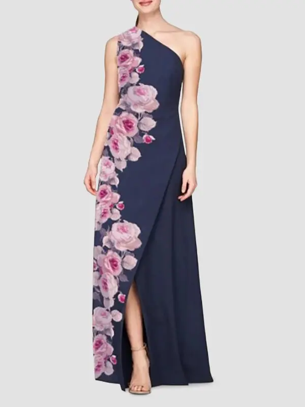KAY UNGER Carissa Floral One-shoulder Gown