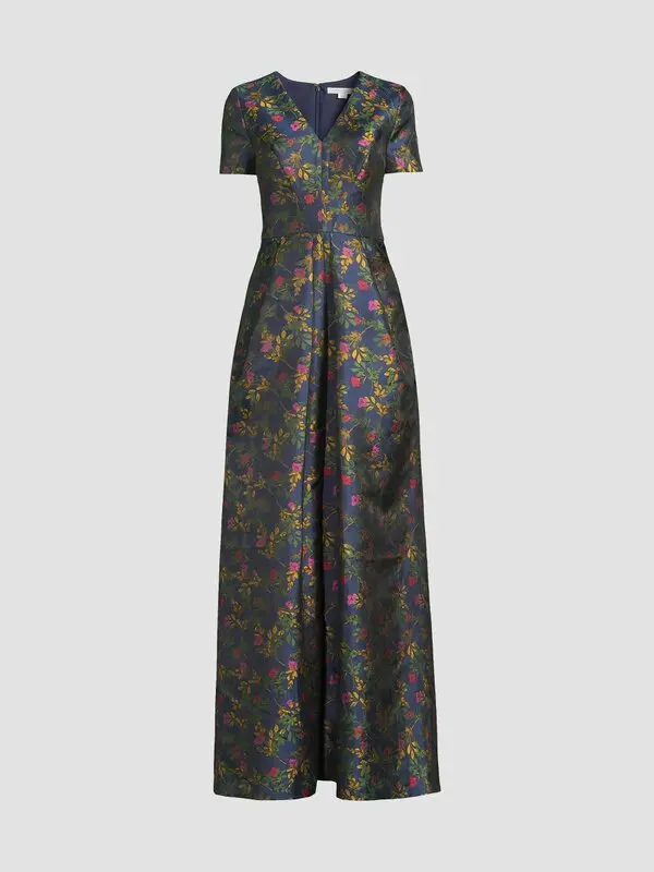 KAY UNGER Rochelle Floral V-neck Gown - Blue Opal