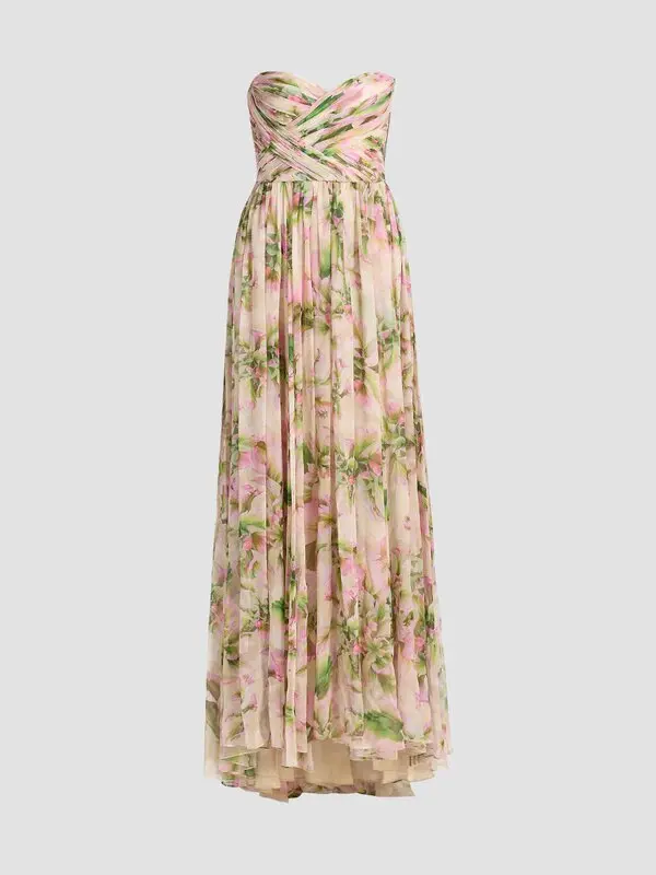 Monique Lhuillier Floral Chiffon Draped Strapless Gown - Carnation Multi