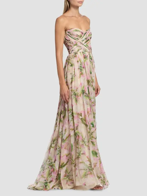 Monique Lhuillier Floral Chiffon Draped Strapless Gown